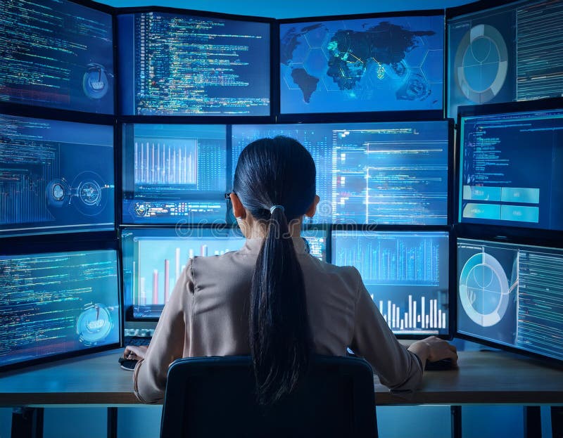 Person Coding on Multiple Screens with Data Analysis Stock Illustration ...
