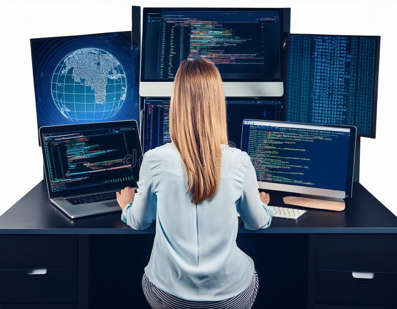 Person Coding on Multiple Screens with Data Analysis Stock Illustration ...