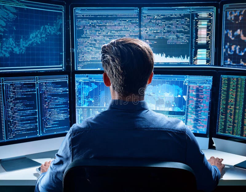 Person Coding on Multiple Screens with Data Analysis Stock Illustration - Illustration of ...