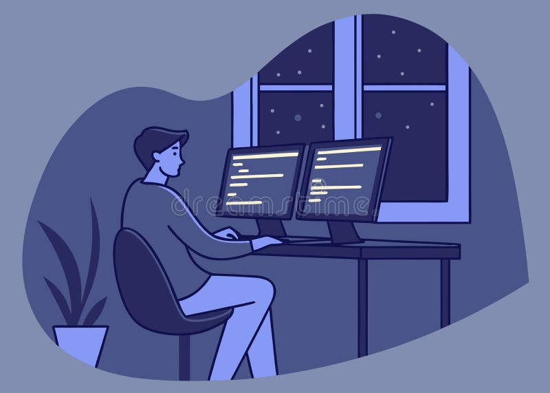 Person Coding at Night in Dimly Lit Office Vector, Vector Design Generative AI Stock Vector ...