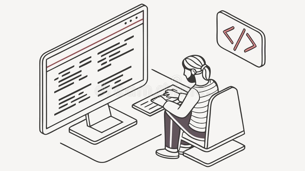 Person Coding or Programming on Desktop Computer, Vector Design ...