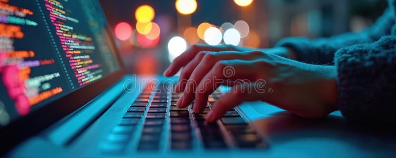 Person Coding, Typing on Laptop at Night. Website Content Management System, Modern Software ...