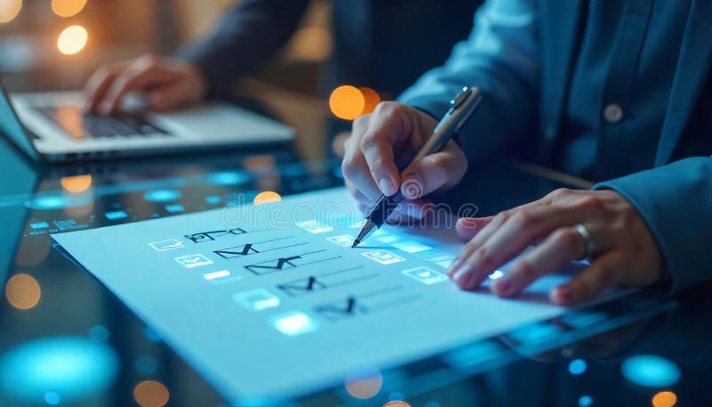 Person Completing Checklist Form on Digital Table Night Business Office ...