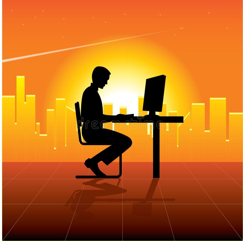 Person with Computer in City Stock Illustration - Illustration of dawn ...