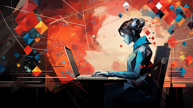 A Person at a Computer with Geometric and Abstract Shapes Background ...