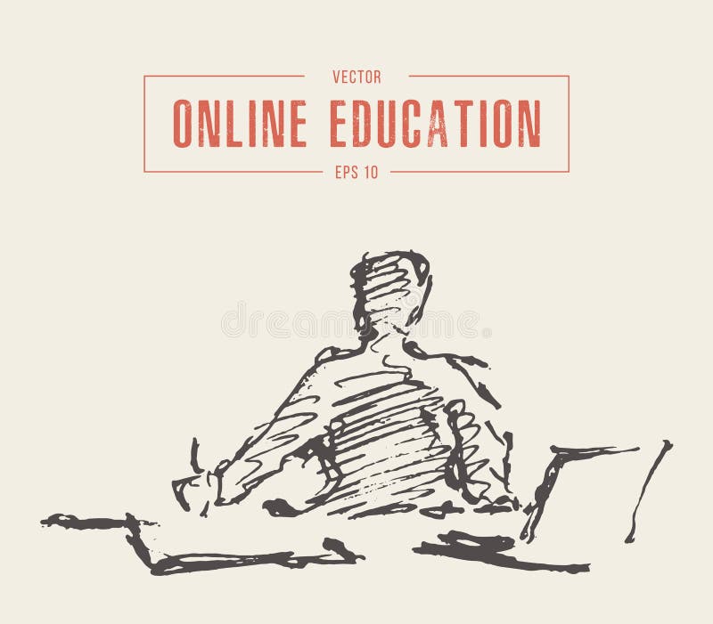 Sketch of Man with Computer Office Work Hand Drawn Stock Vector ...