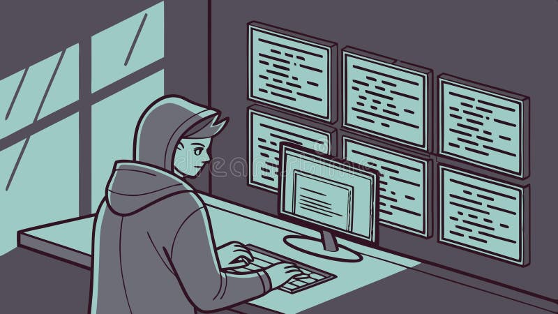 Person at Computer Screens, Data Analysis Workspace Vector Design ...
