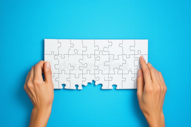 A Person Connecting Jigsaw Puzzle Pieces on a Bright Blue Background ...