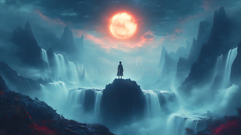 Person Contemplates Lunar Eclipse, Mountainous Waterfall, Fantasy Art ...