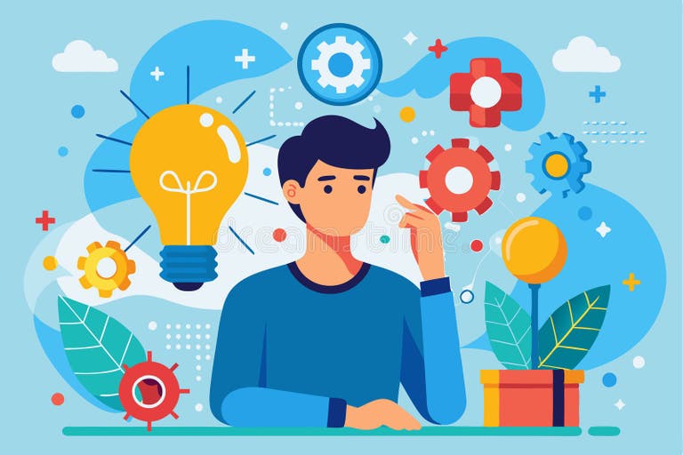 A Person Contemplates Solutions Surrounded by Gears, a Lightbulb, and ...