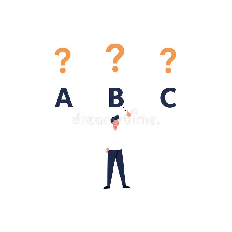 Person Contemplating Choices with Question Marks and Letters a, B, C ...