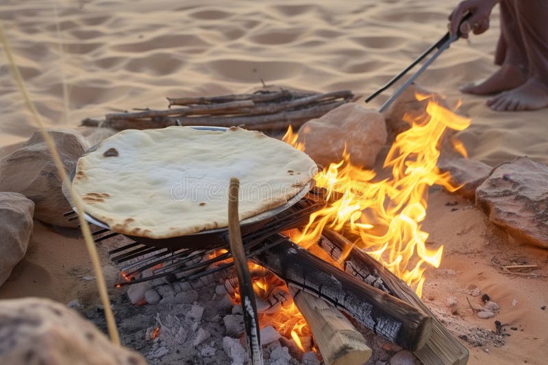 Person Cooking Flatbread Over an Open Fire in the Desert Stock Photo ...