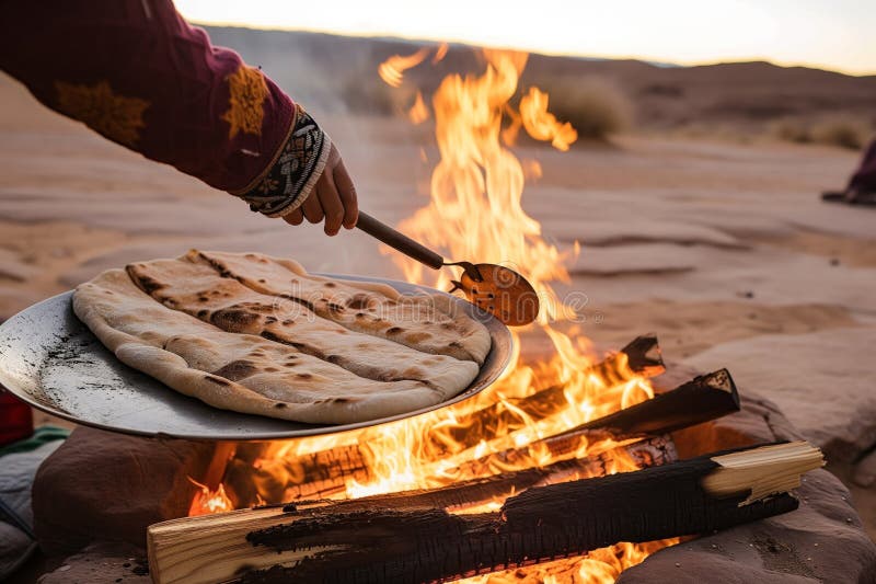 Person Cooking Flatbread Over an Open Fire in the Desert Stock Image ...