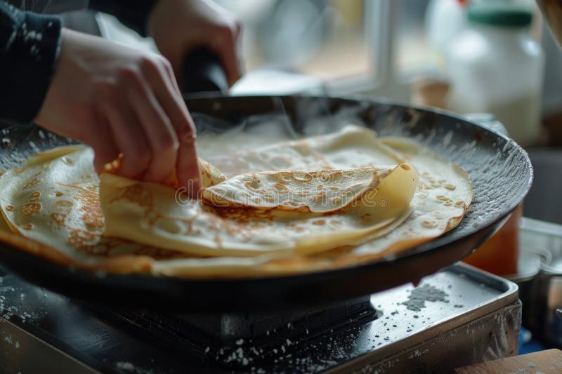 A Person is Cooking Food in a Pan on a Stove, Ready for Serving Stock ...