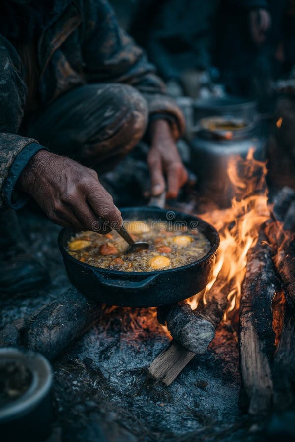 Person Cooking Stew Over Campfire at Night Stock Illustration ...