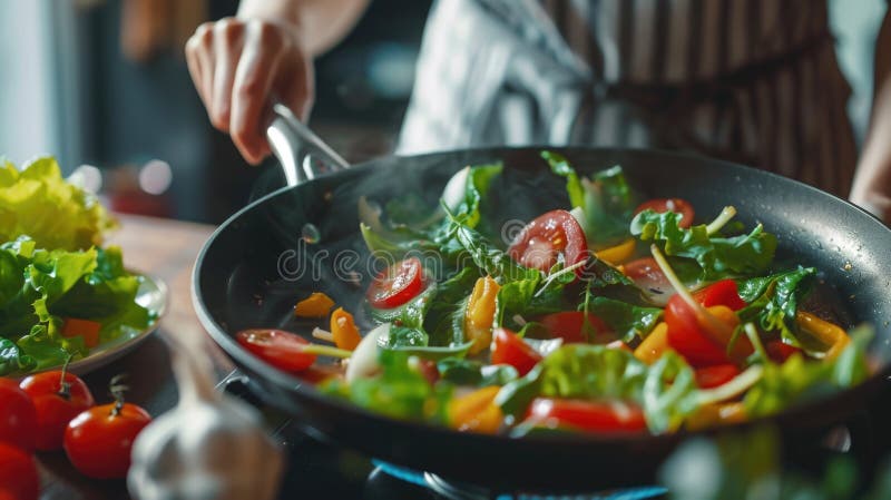 Person Cooking Vegetables in Wok Stock Illustration - Illustration of ...