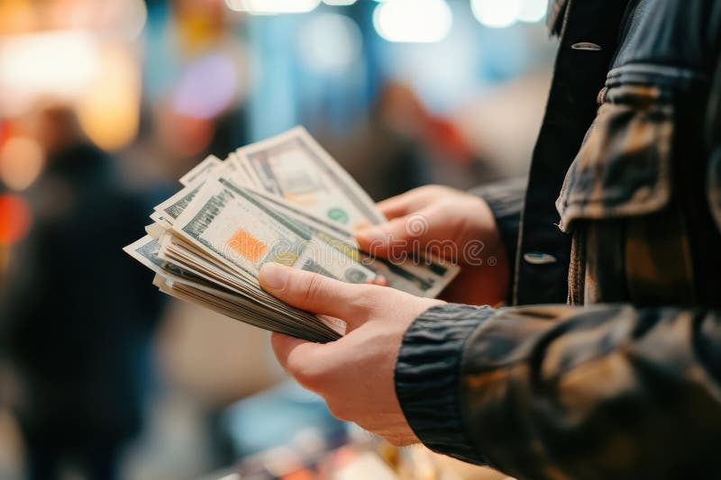 A Person Counting a Stack of Cash in a Bustling Market Setting Stock ...