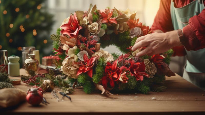 A Person Making a Christmas Wreath on a Table Stock Illustration ...