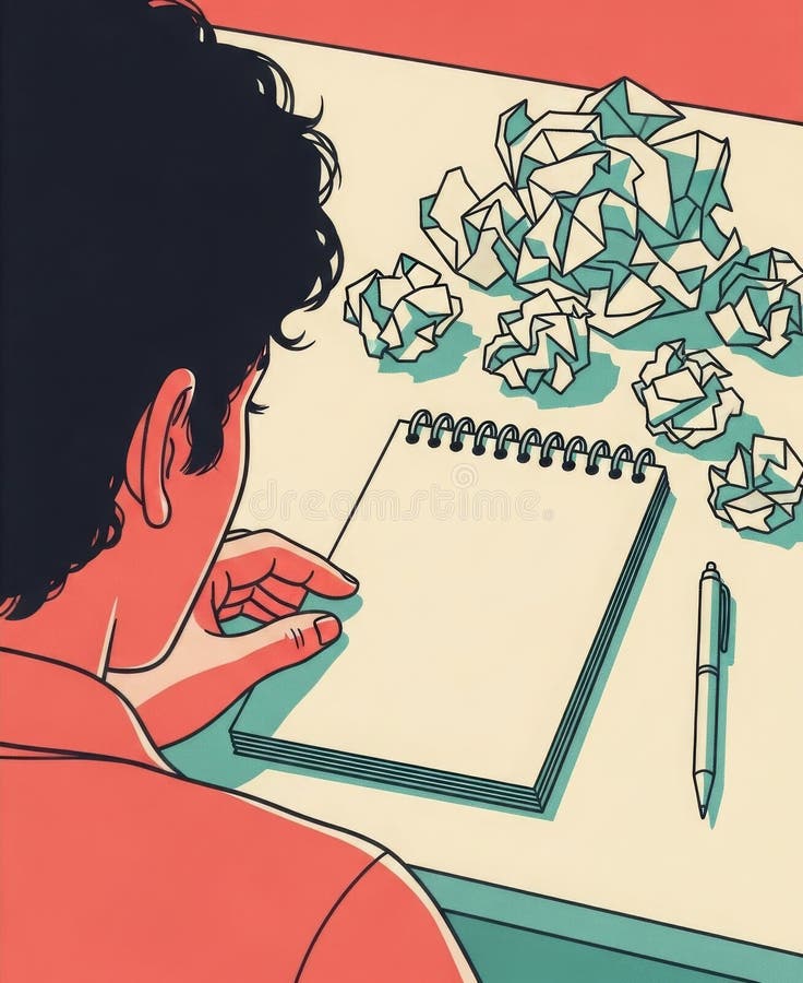 A Person in a Creative Crisis is Sitting at a Desk, Staring at an Empty ...