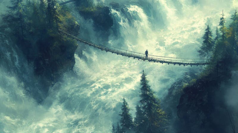 Person Crossing a Rope Bridge Over a Powerful Waterfall in a Lush ...