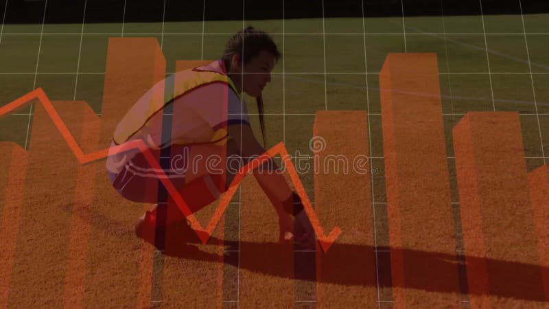 Person Crouching on Sports Field with Declining Graph Animation Overlay Stock Footage - Video of ...