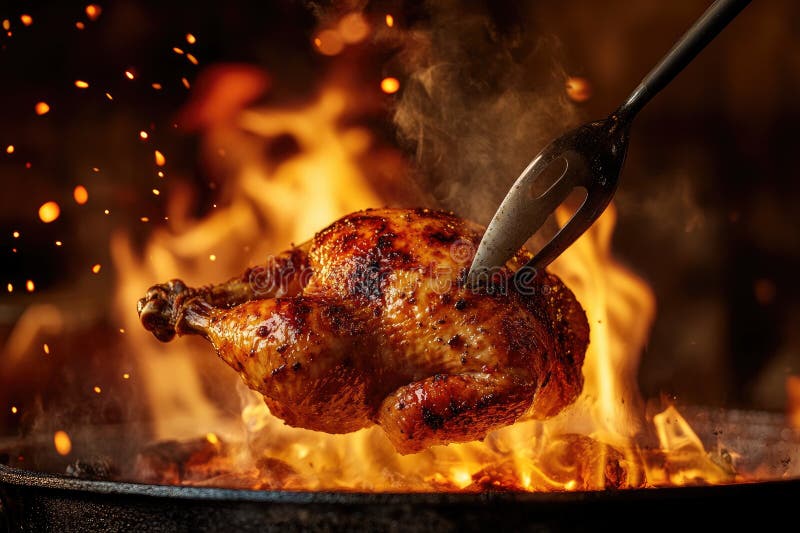 A Person is Currently Cooking a Chicken Over a Blazing Fire Using a ...