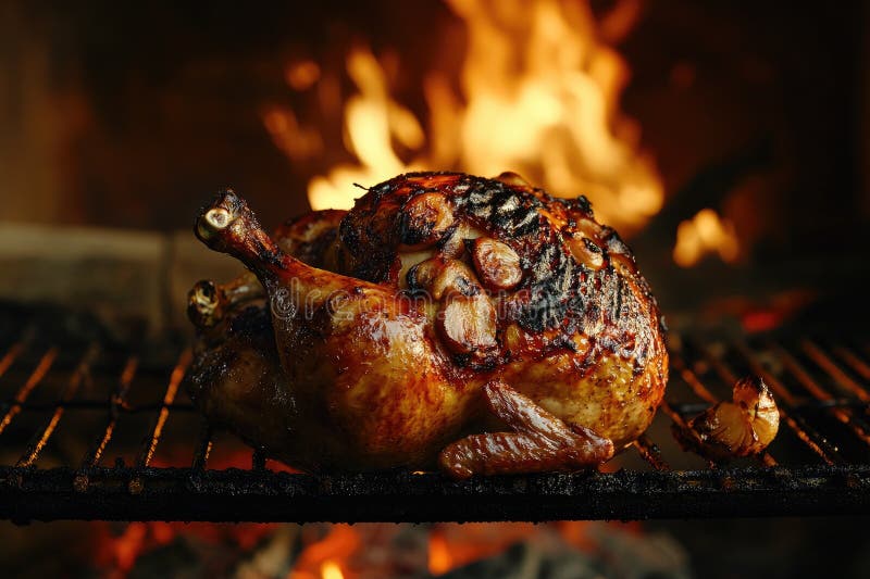A Person is Currently Cooking a Chicken Over a Blazing Fire Using a ...