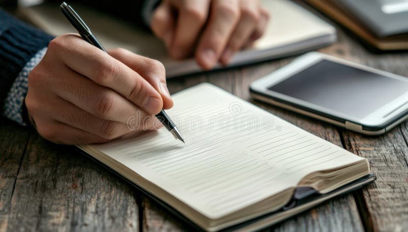 A Person is Carefully Writing Notes in a Notebook with a Pen Stock ...