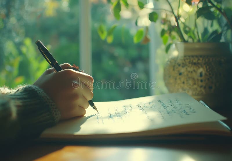 A Person is Currently Engaged in Writing in a Notebook Using a Pen ...