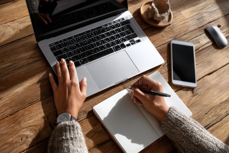 A Person is Currently Typing Away on a Laptop Computer at a Desk Stock ...