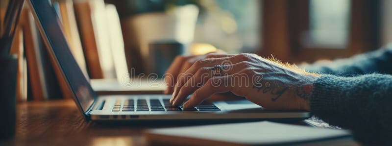 A Person is Actively Typing on a Laptop Computer Placed on a Wooden ...