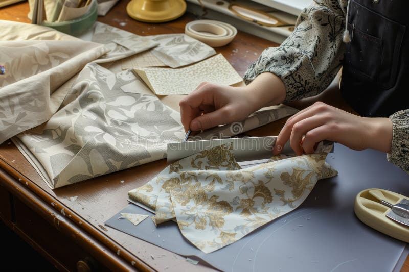 Person Cutting Pattern Pieces from Fabric on a Desk Stock Image - Image ...