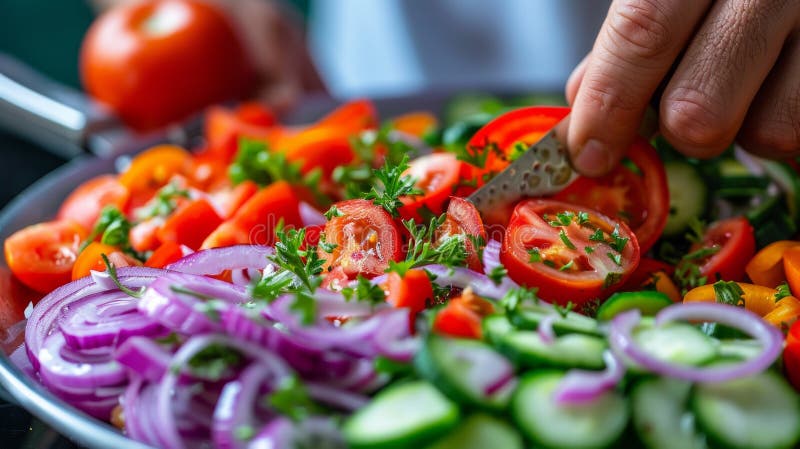A Person Cutting Up Vegetables in a Pan with Some Tomatoes, AI Stock ...