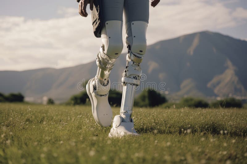 Person Cyborg Walking on Mountain Grass. Generate AI Stock Illustration ...