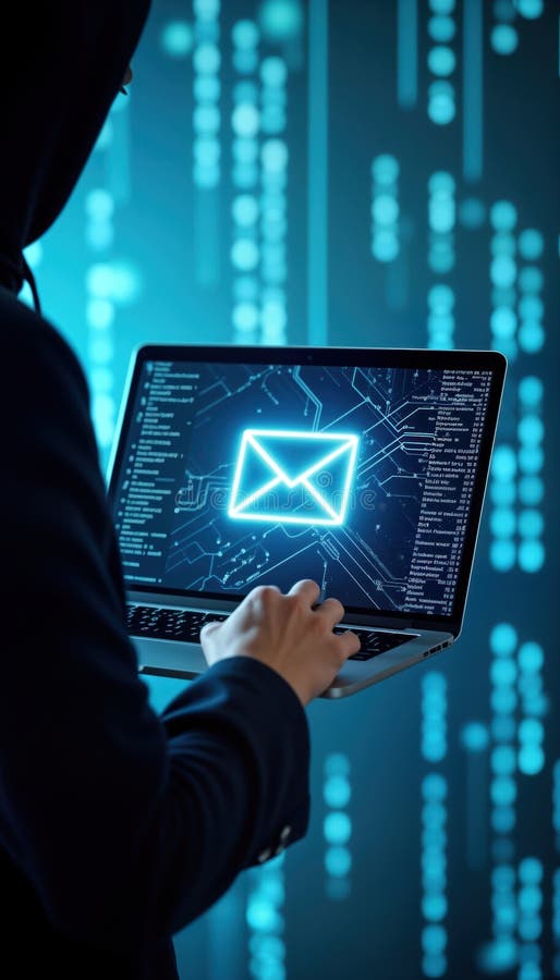 Person in Dark Clothes Uses Laptop. Screen Displays Email Icon ...