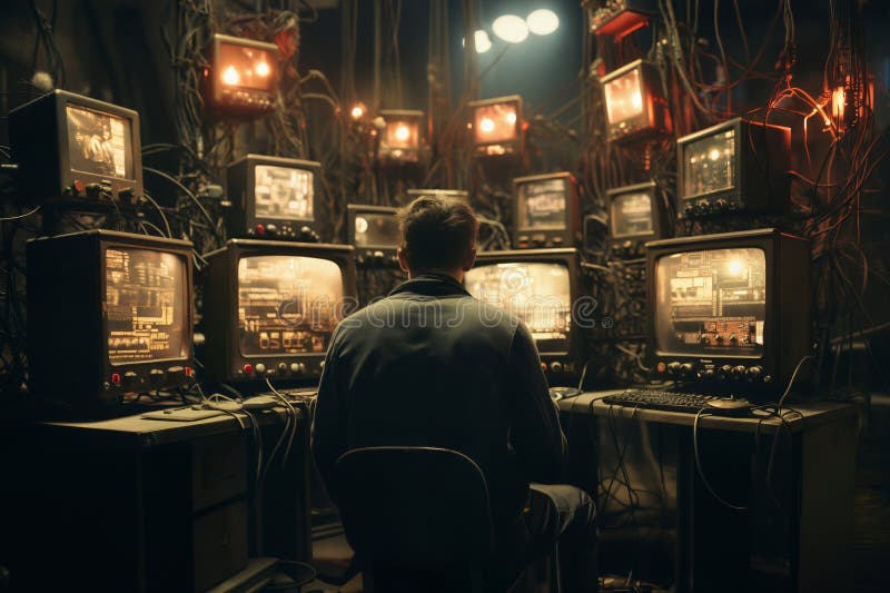 A Person in a Dark Room Watches Screens and Controls Computer Devices ...