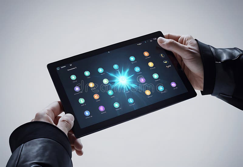 Person Holding a Tablet with Futuristic Interface in a Dark Coat ...