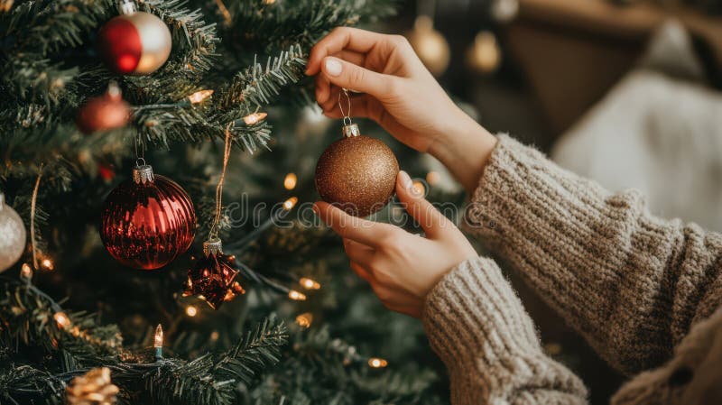 Person Decorating a Christmas Tree with Ornaments and Twinkling Lights ...