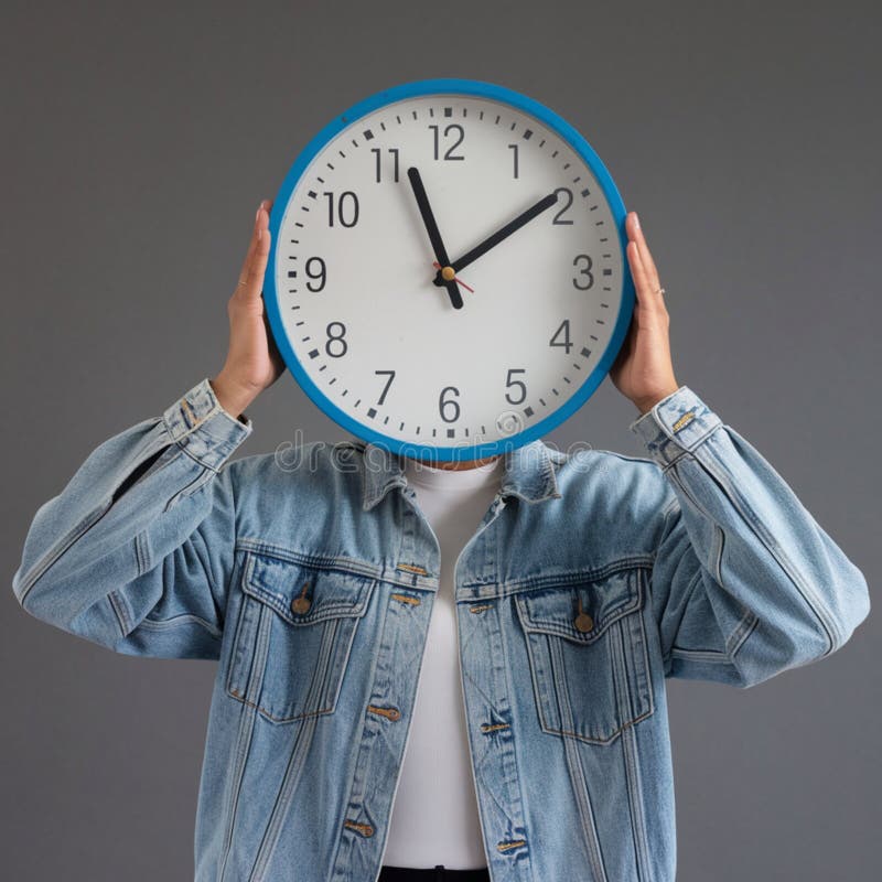 Person in Denim Jacket Holds Large Clock Obscuring Face, Adding Visual ...