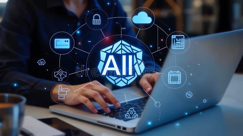 Person Using Laptop with Artificial Intelligence and Data Cloud Computing Icons Stock ...