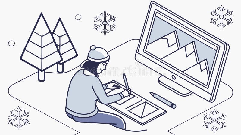 Person Designing on Computer in Winter Setting, Vector Design ...