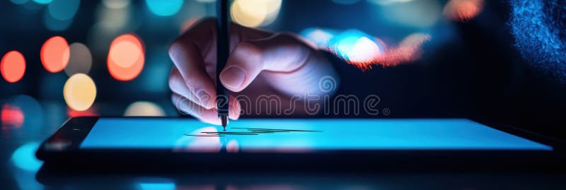 Person Designing Digital Artwork Using Stylus on Tablet at Night with ...