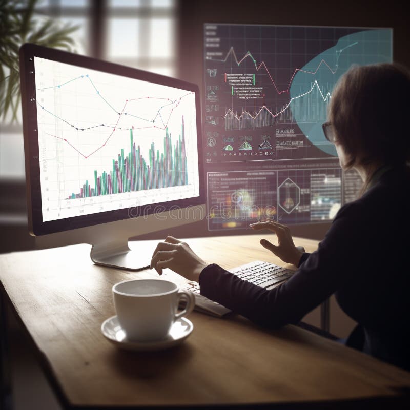 Person at Desk with Coffee and Computer Screen Displaying Financial ... Person at Desk with Coffee and Computer Screen Displaying Financial ...
