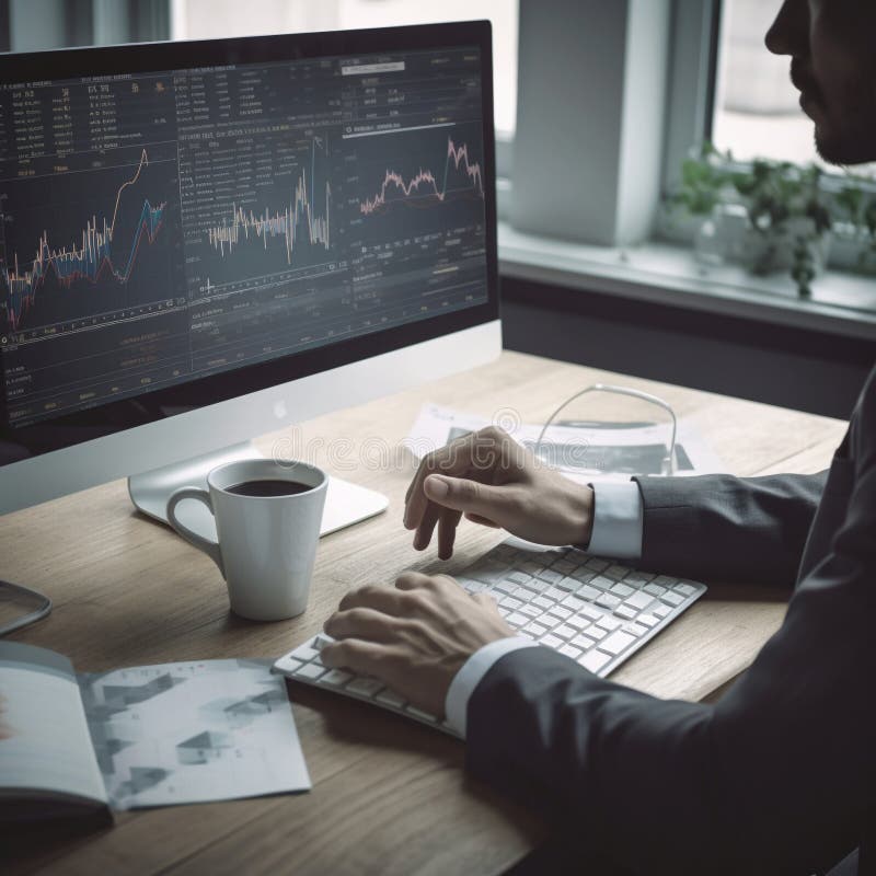 Person at Desk with Coffee and Computer Screen Displaying Financial ...