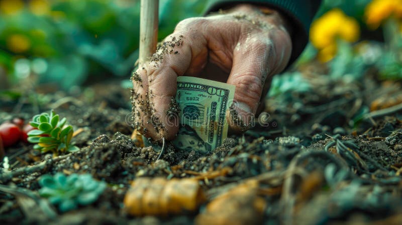 Person Digging Money from the Ground, Symbolizing Financial Struggle or ...