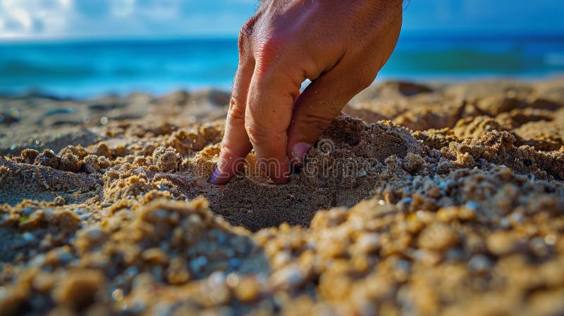 A Person Digging into the Sand with Their Finger on a Beach, AI Stock ...