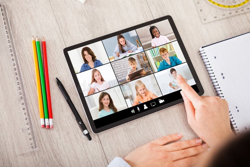 Teacher Hosting Online Class Using Video Conference Stock Photo - Image ...