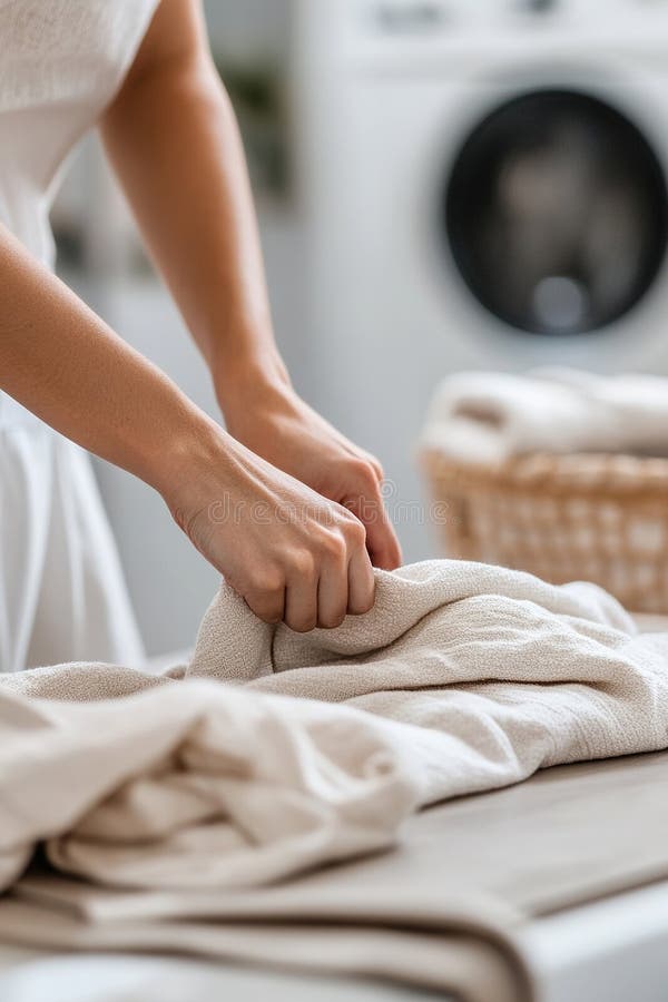 A Person is Diligently Folding Freshly Washed Clothes on a Folding ...