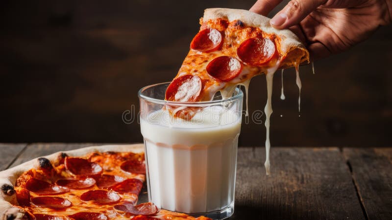 A Person is Dipping a Slice of Pizza in a Milk, AI Stock Image - Image ...