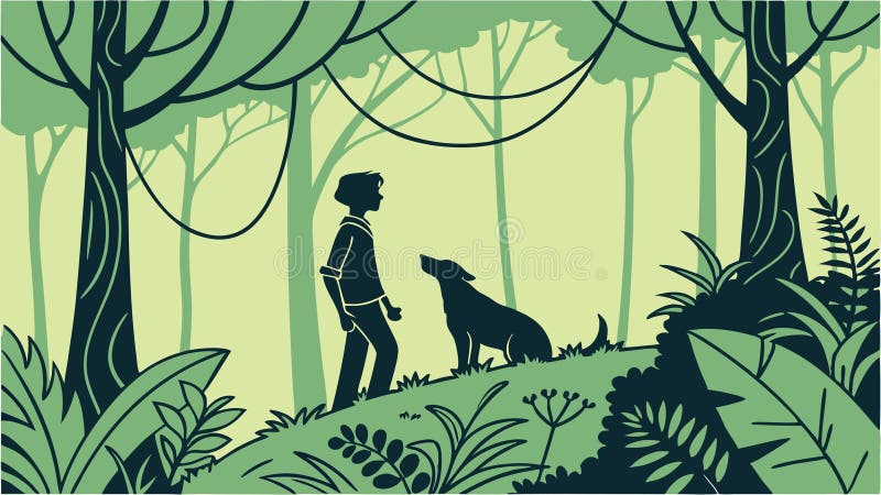 Person and Dog Exploring a Dense, Shady Forest, Vector Design ...